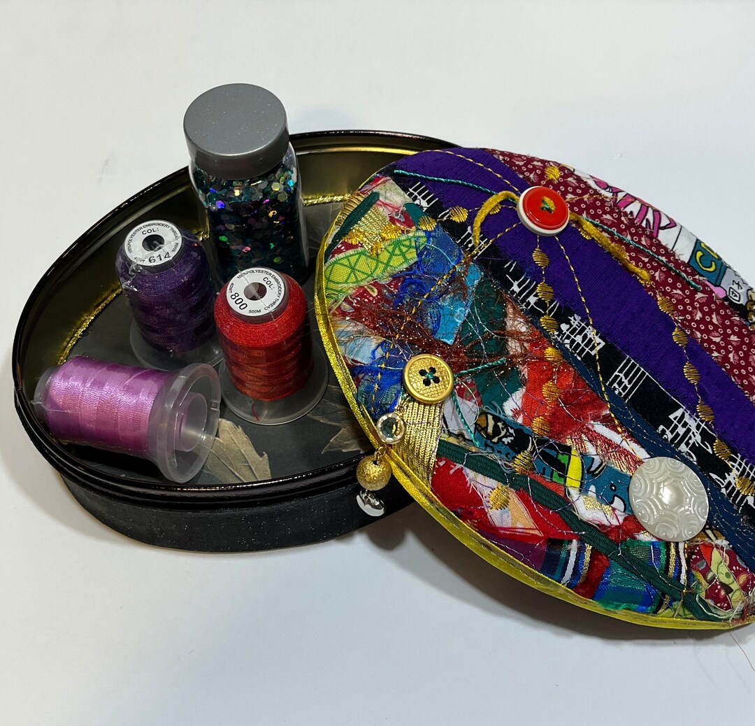 Upcycled Oval Tin Trinket Box: Crazy Quilt Inspired Scrappy Collage ...