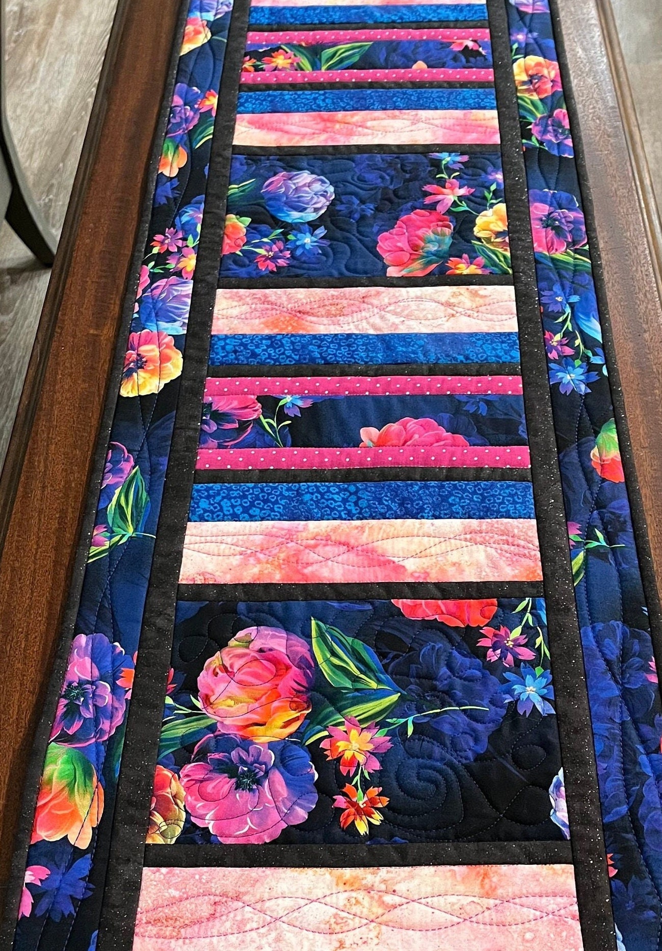 Floral 66 Table Runner: Royal Blue & Raspberry, Crazy Quilt Inspired ...