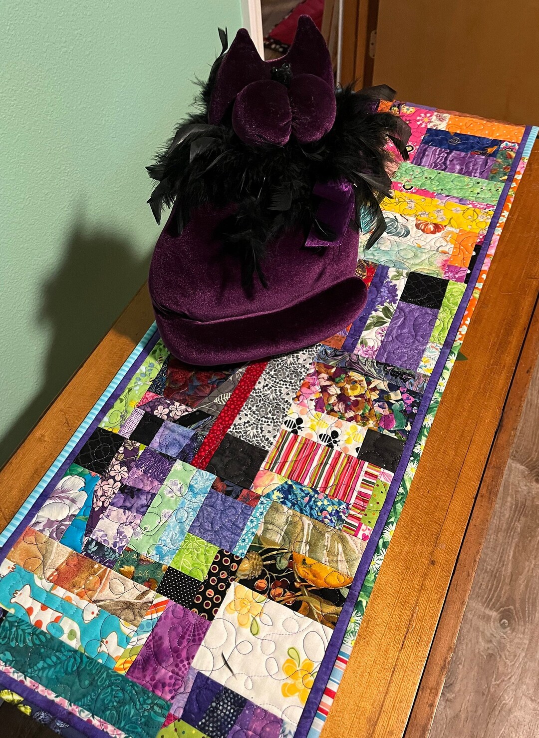 Table Runner 46: Crazy Scrap Crumb Quilt With Pieced Geometric Pattern ...