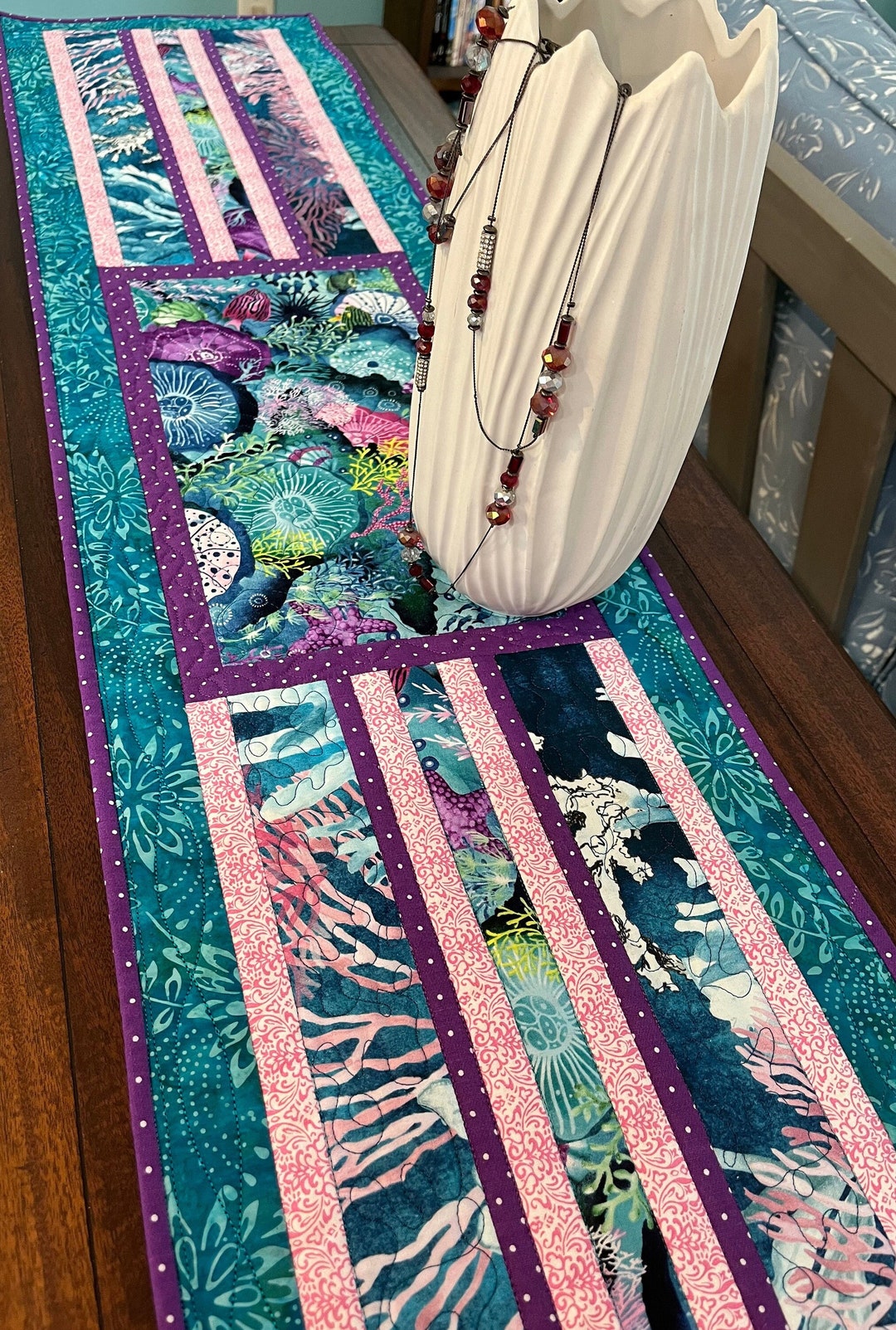 Embroidered Beachy Table Runner: Ocean Quilted Decor (60"x12.75") - Etsy
