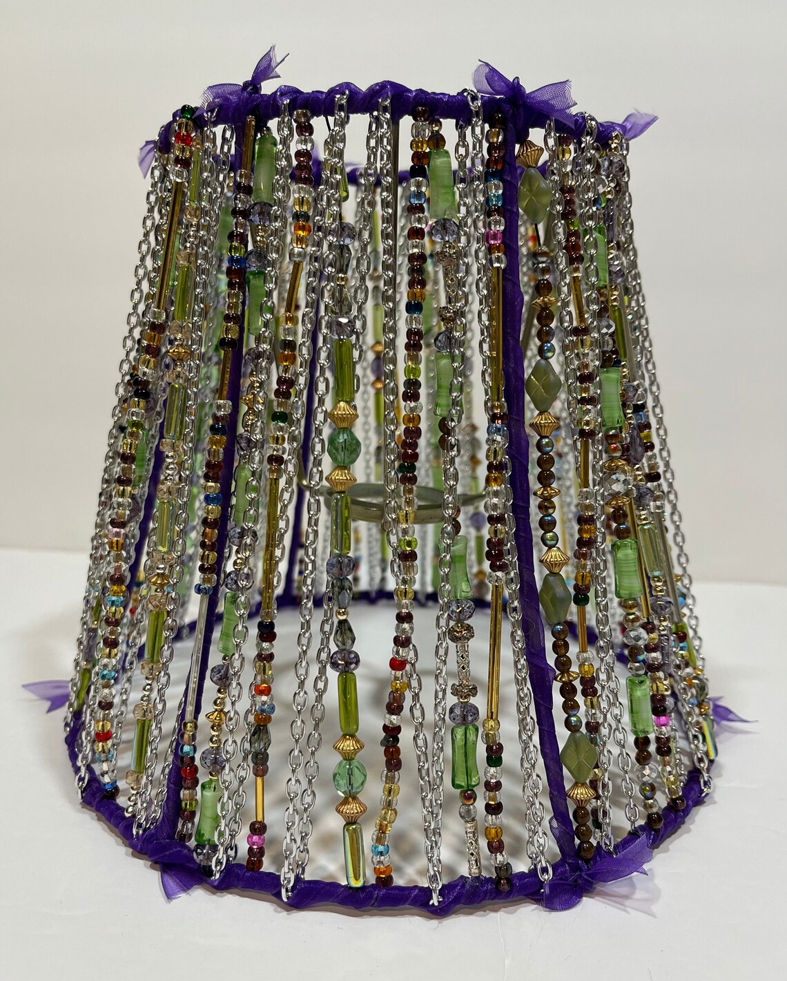 Hand Beaded Lamp Shade: Ribbon Wrapped Frame With Chain & Beaded ...