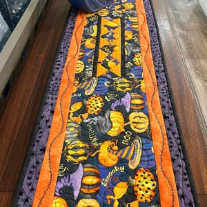 Halloween 62" Table Runner: Scrappy Quilted With Seminole Patchwork - Pumpkins & Witches Hats ...
