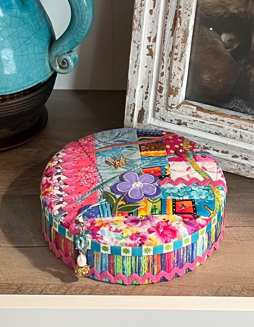 Upcycled Box Décor: Crazy Quilt Inspired Scrappy Collage on a Round Tin ...