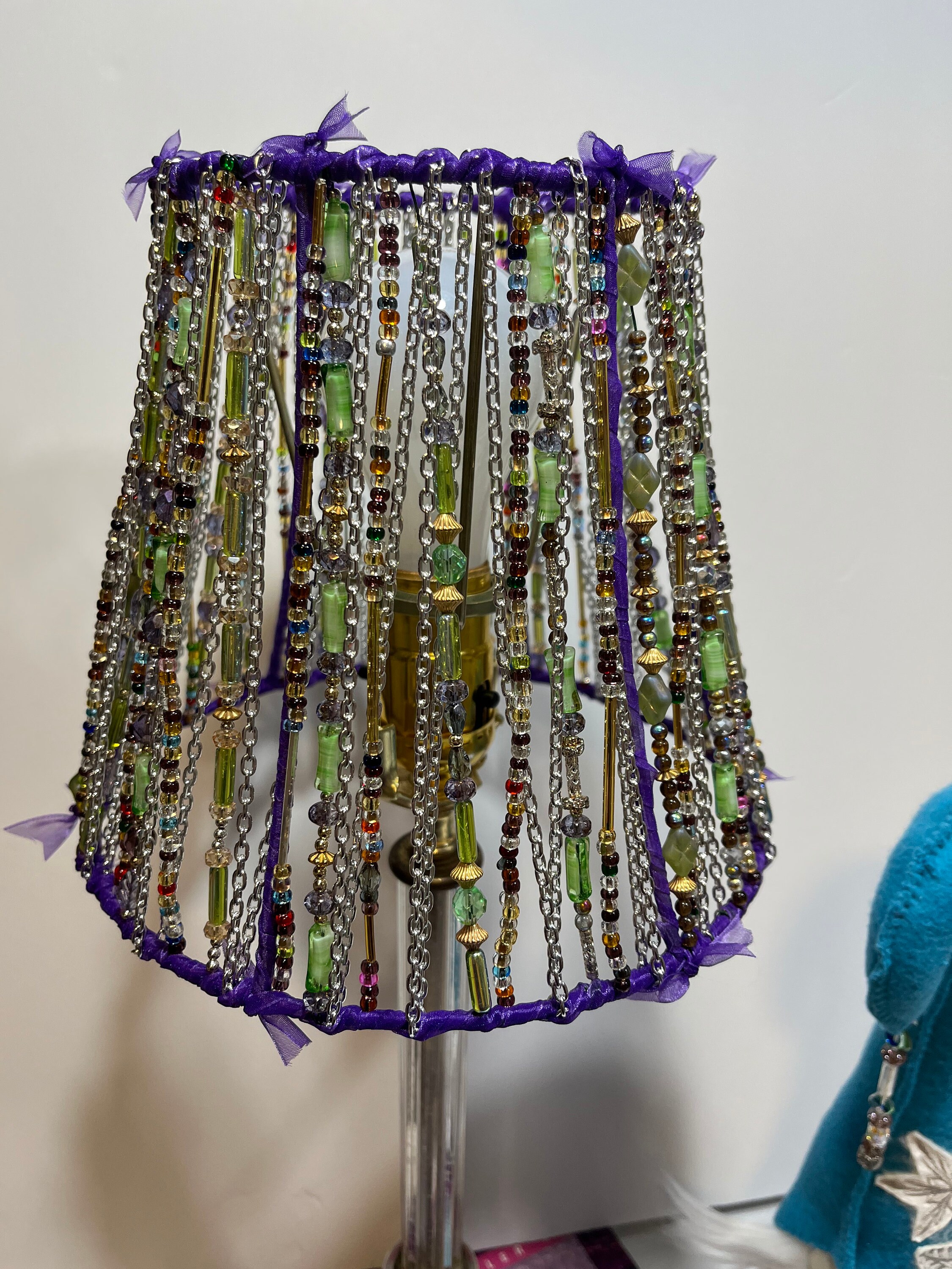 Hand Beaded Lamp Shade With Ribbon Wrapped Frame, Chain, and Beaded ...