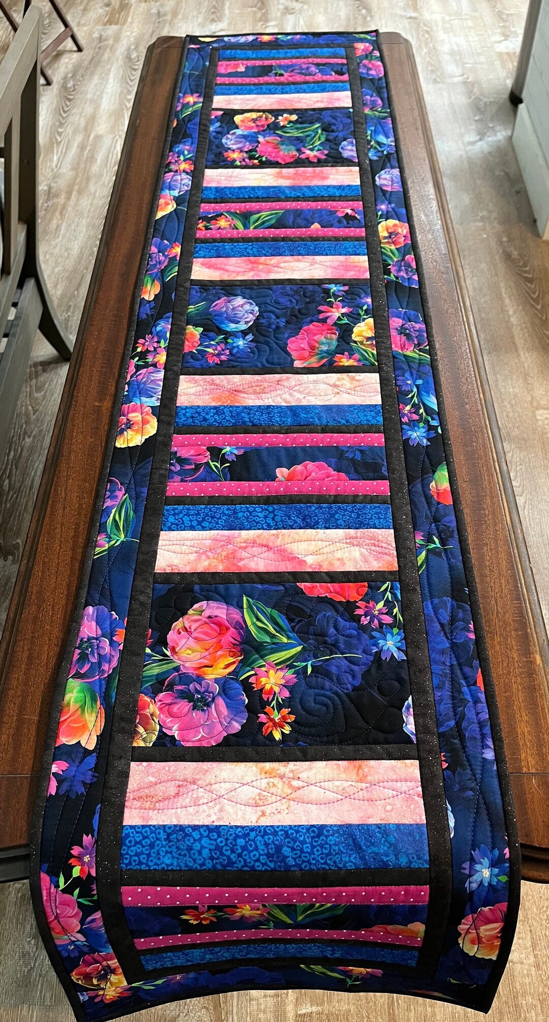 Floral 66" Table Runner: Royal Blue & Raspberry, Crazy Quilt Inspired ...