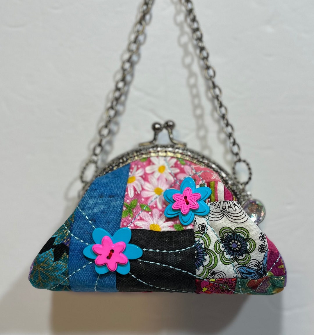 Scrappy Handbag: Crazy Quilt Style, Flower Button Embellished Coin ...
