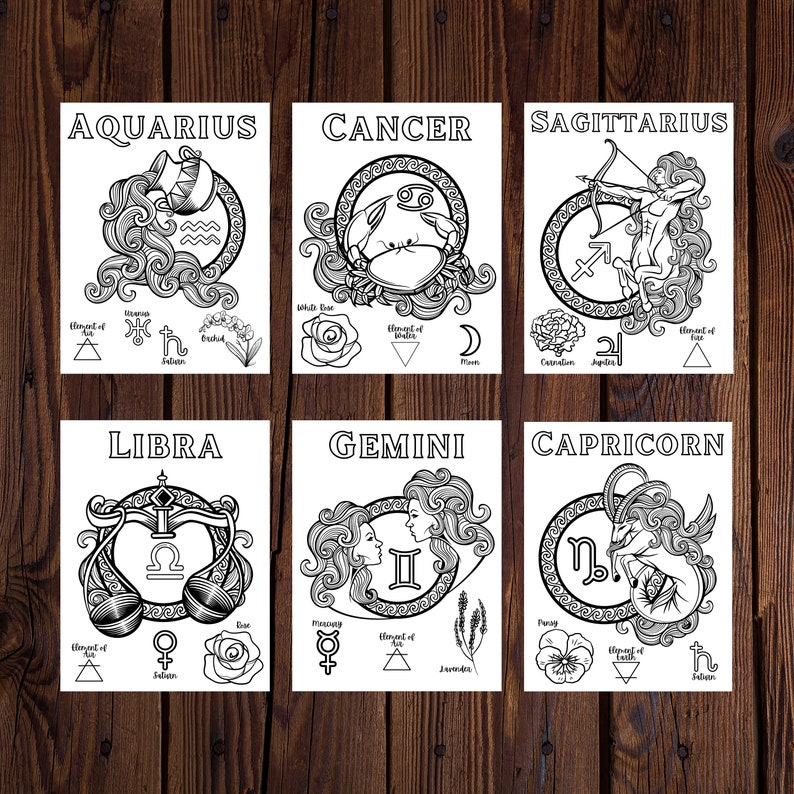 12 Page Zodiac Coloring Pages-astrology Coloring Pages-zodiac - Etsy