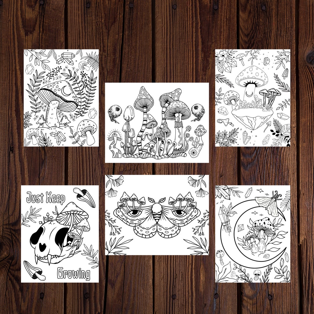 6 Pack Mushroom Coloring Pages-magic Mushroom Coloring Sheets-witchy ...