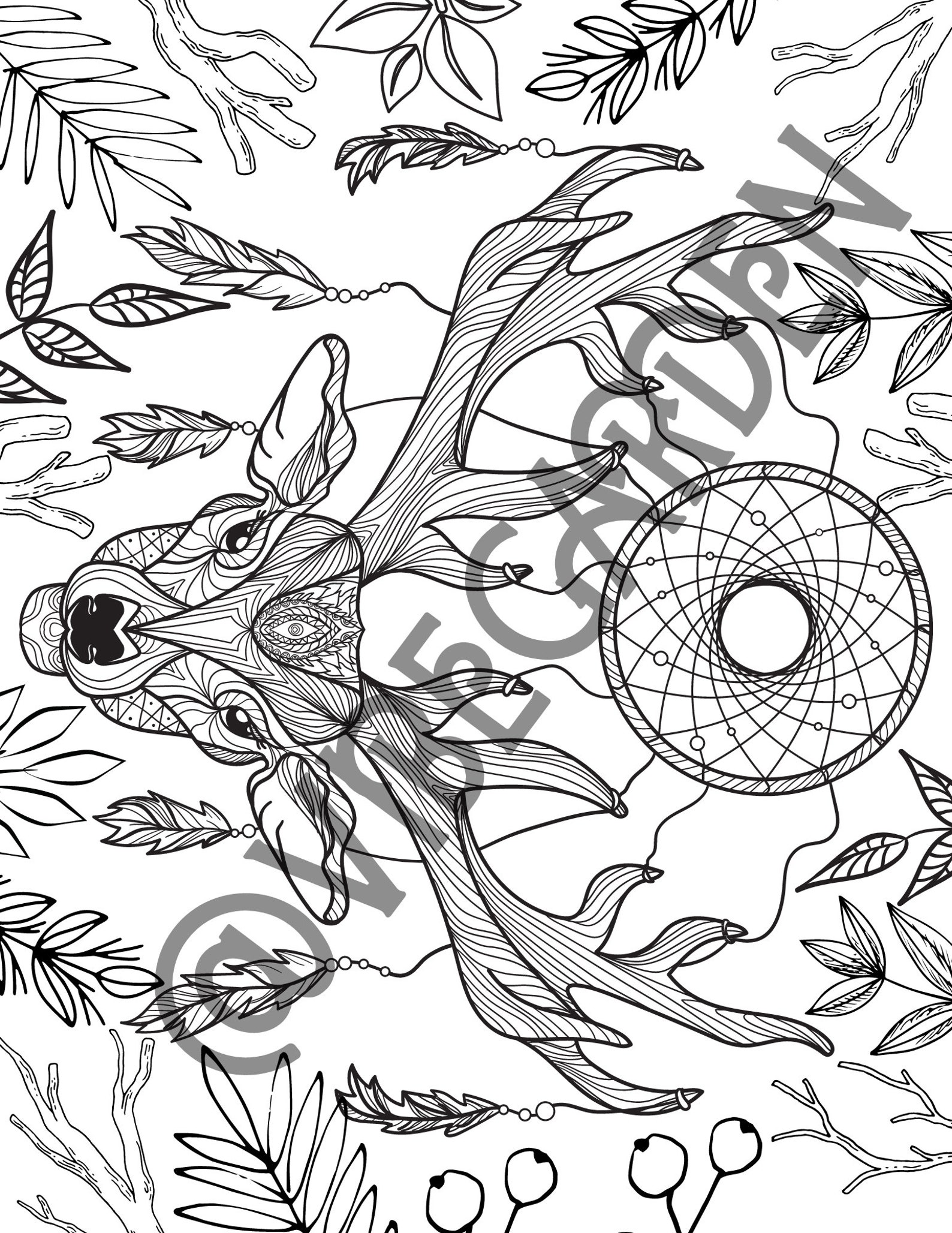 Dream Catcher Deer Coloring Spiritual Digital All Ages | Etsy
