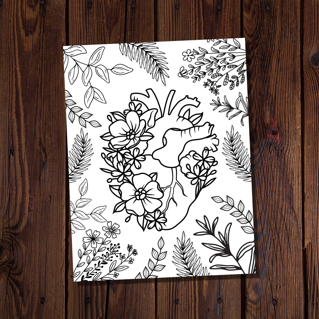 Heart and Flowers Coloring Page-goth Style Coloring Page-witchy ...