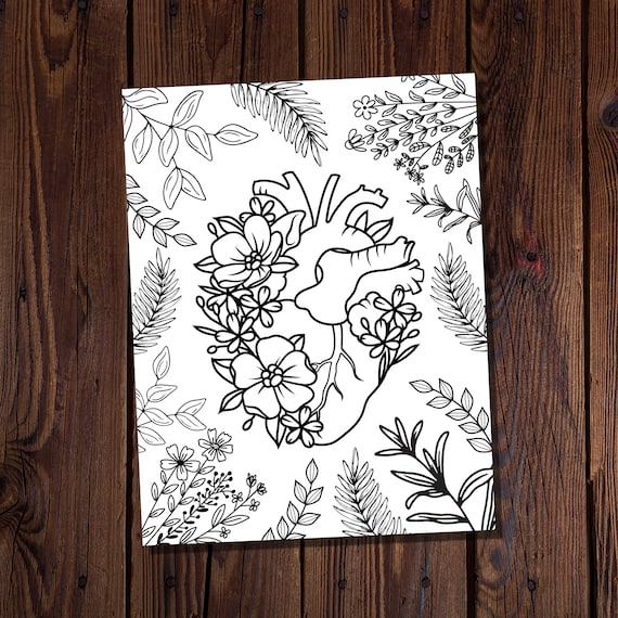 Heart and Flowers Coloring Page-goth Style Coloring - Etsy
