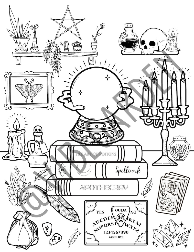 The Art of Potions Coloring Page-crystal Ball-ouija Board Coloring ...
