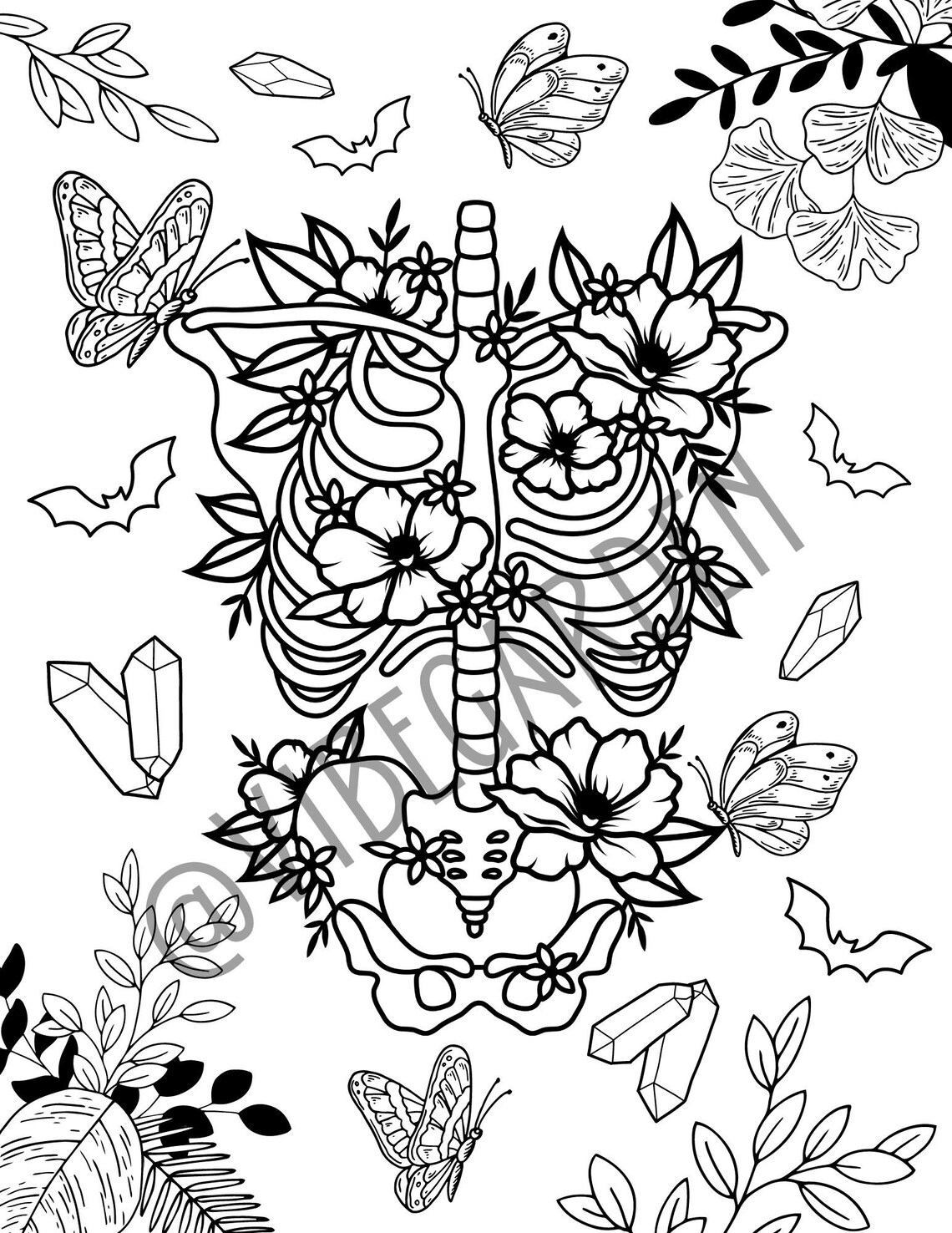 Butterflies and Skeleton Coloring Page-goth Style Coloring - Etsy