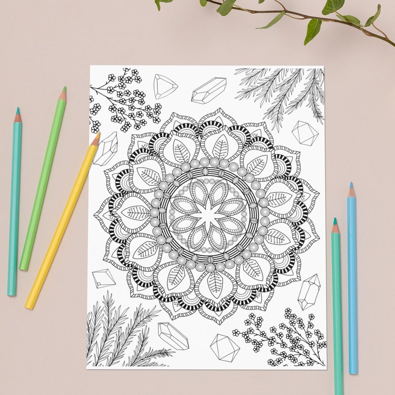 Mandala and Crystals Coloring Page- Magical Coloring Page- Witchy ...