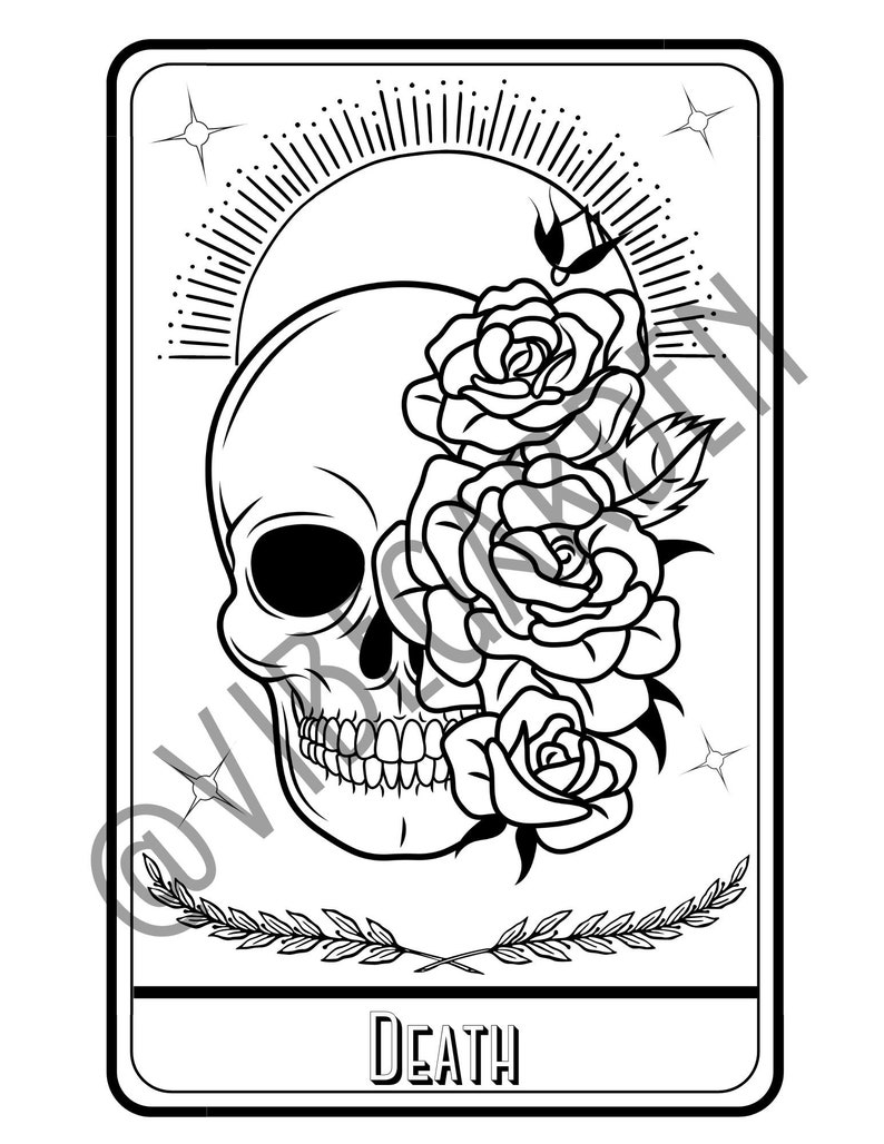 Death Tarot Card Coloring Page-skull and Roses Coloring Page-tarot ...