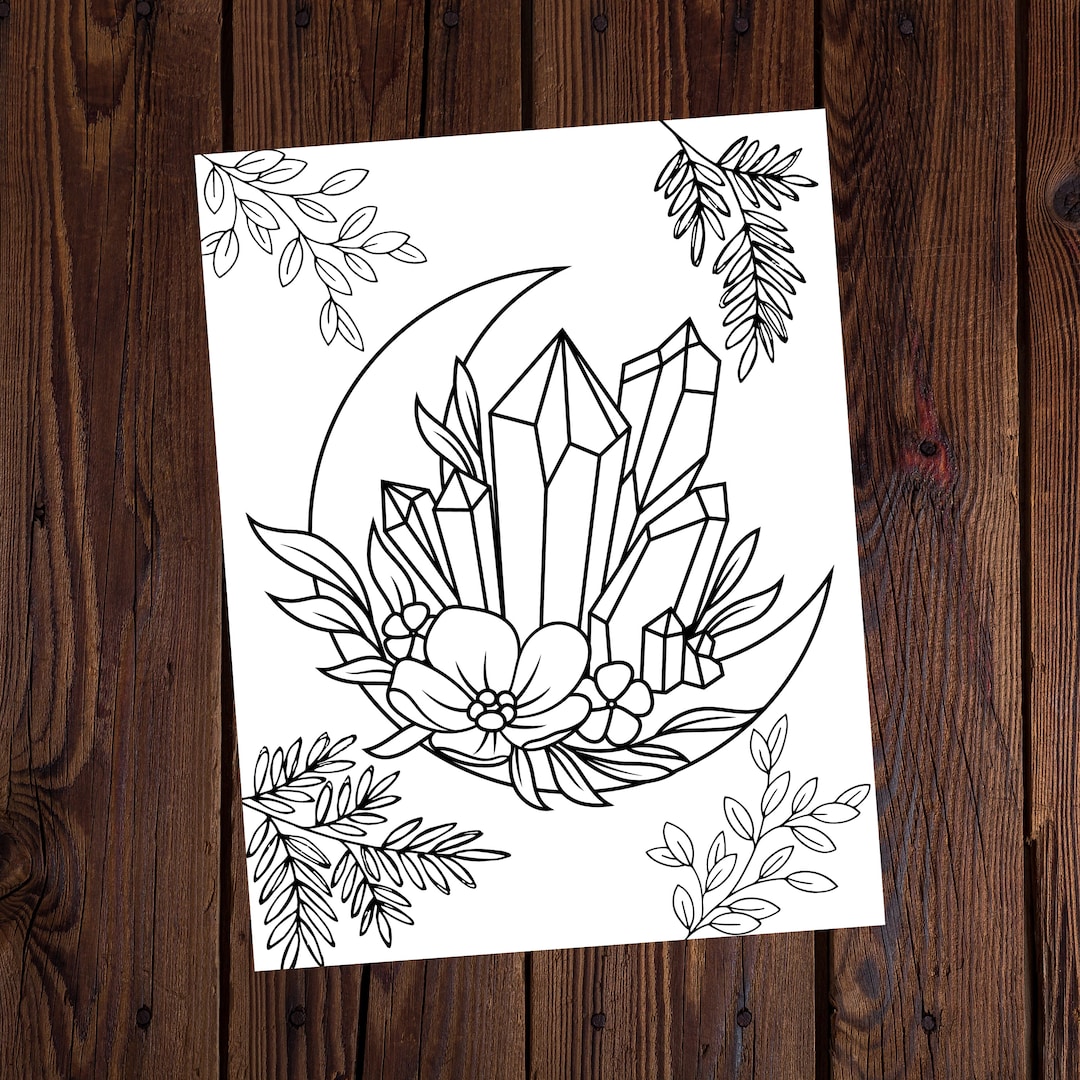 Crescent Moon and Crystals-crescent Moon Coloring Page-witchy Coloring ...