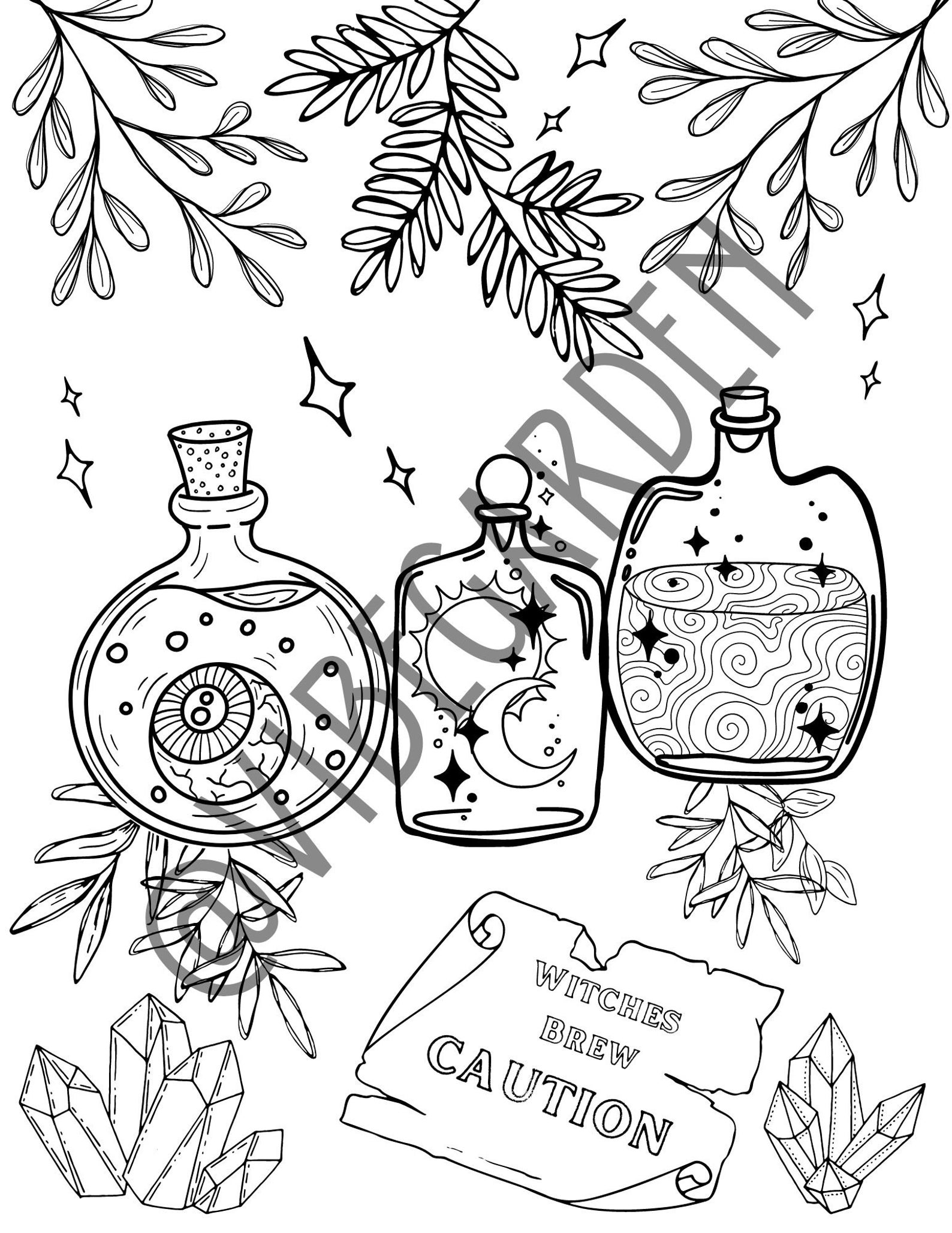 Witches Brew Coloring Page All Ages Coloring Spell Jar - Etsy