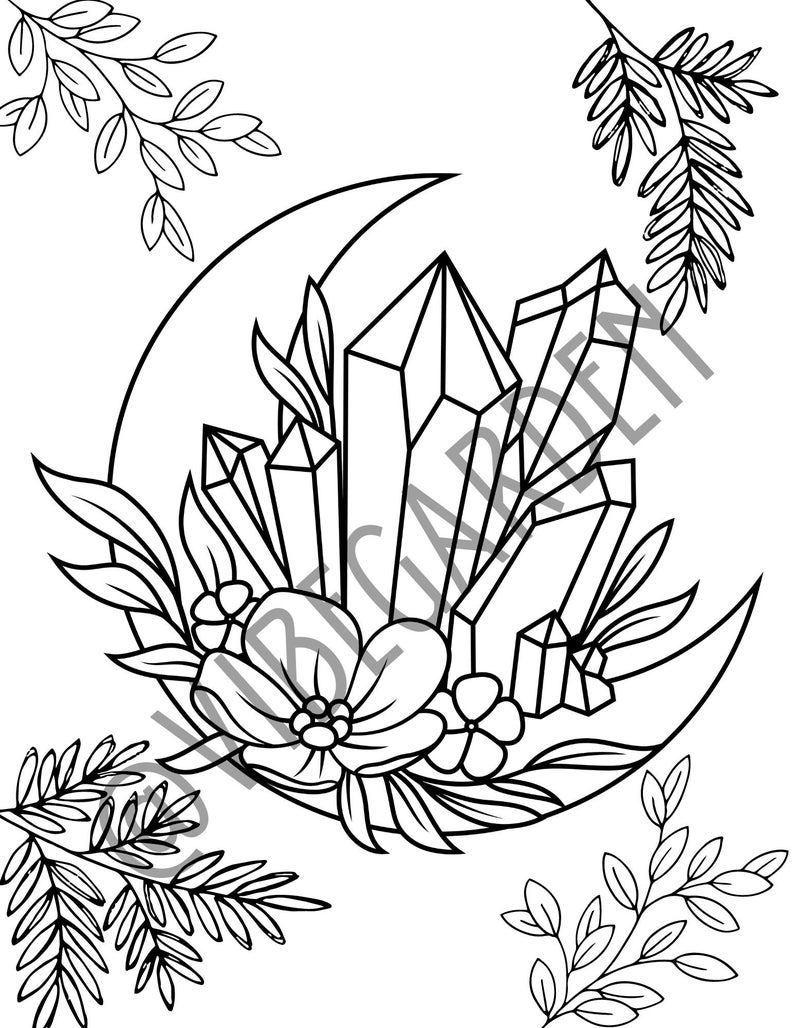 Crescent Moon and Crystals-crescent Moon Coloring Page-witchy - Etsy