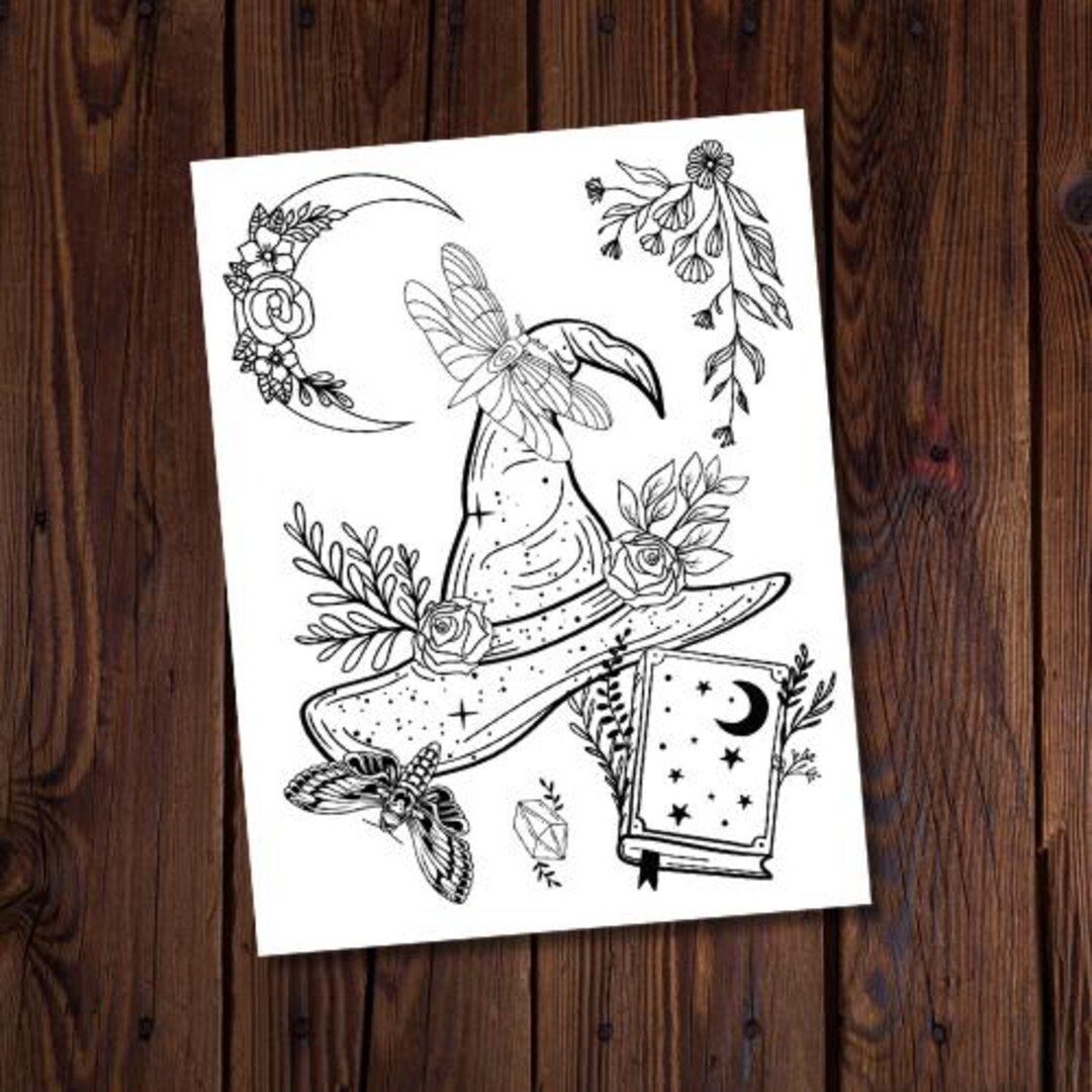 Witches Hat Coloring Page-witchy Coloring Page-spiritual Coloring-moon ...