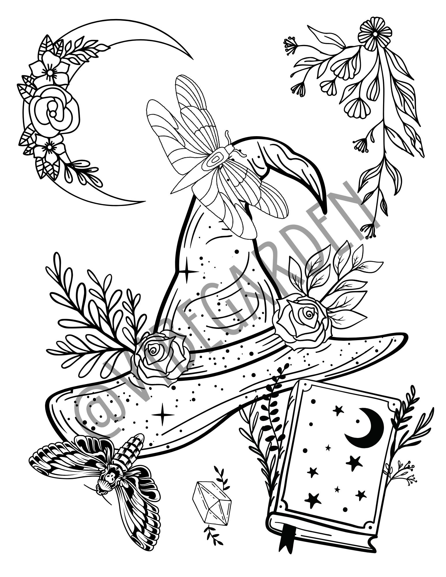 Witches Hat Coloring Page-witchy Coloring Page-spiritual Coloring-moon ...