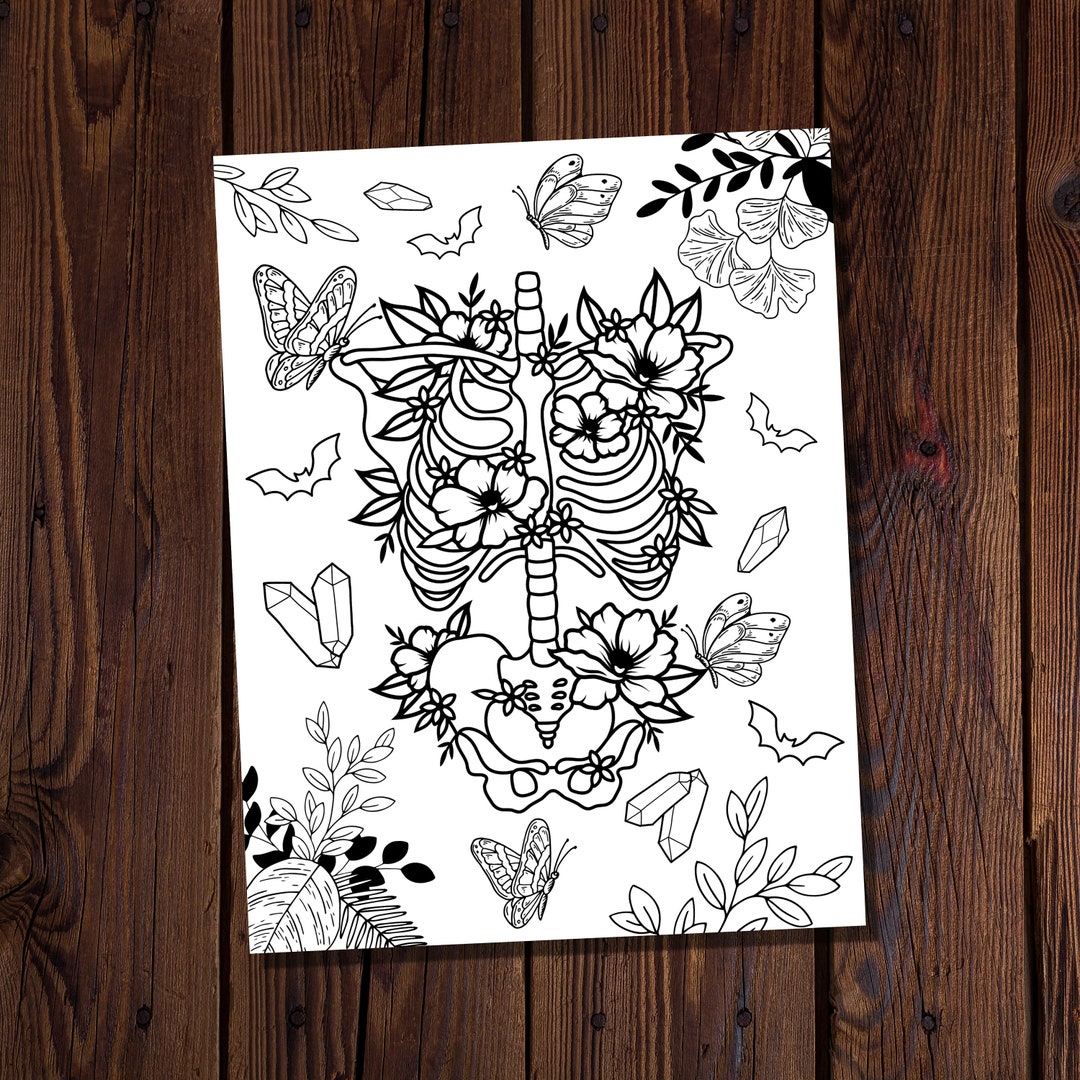 Butterflies and Skeleton Coloring Page-goth Style Coloring Page-witchy ...