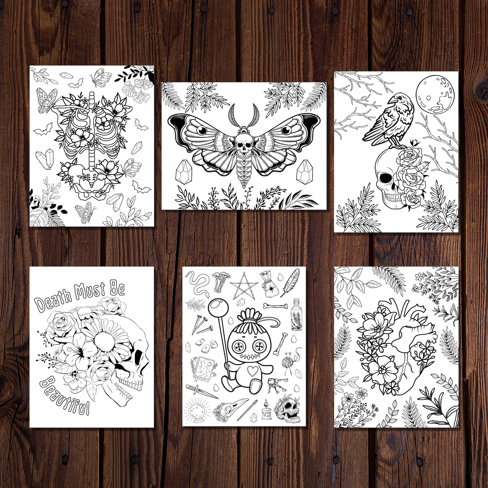 6 Pack Goth Style Coloring Pages-witchy Things Coloring-stress - Etsy