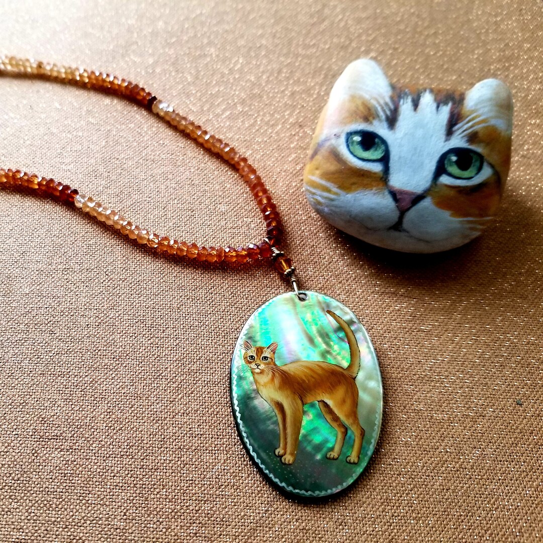 Abyssinian Cat Gemstone Necklace With Hand Painted Russian Lacquer MOP ...