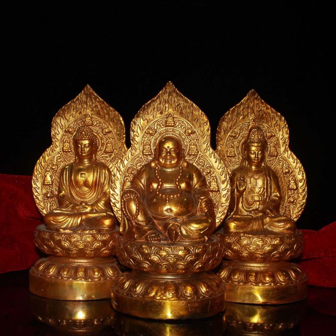 Chinese Statue Hand-carved Pure Copper Gold-plated Lotus and Three ...