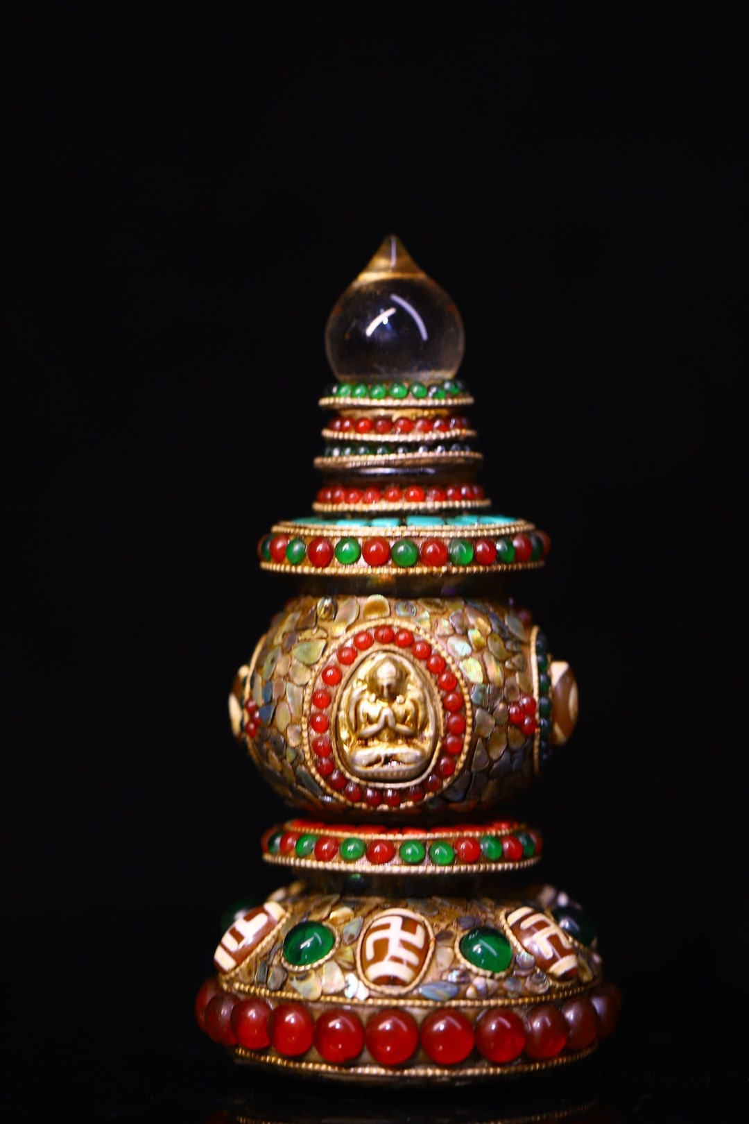 Chinese Statue Hand Carved Crystal Inlaid Gemstone Pagoda Ornament With ...