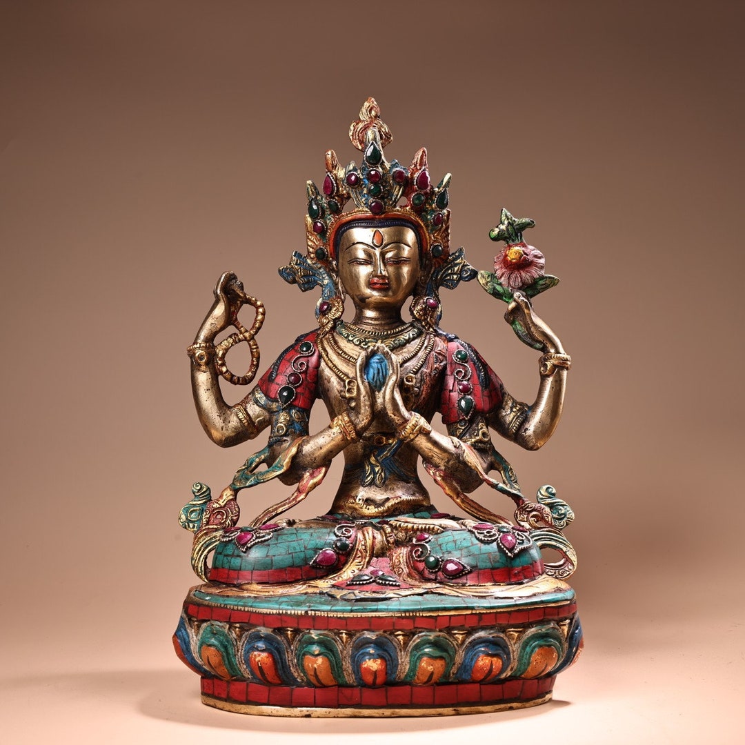 Chinese Statue Hand-carved Pure Copper Inlaid Gemstone Painted Gy ...