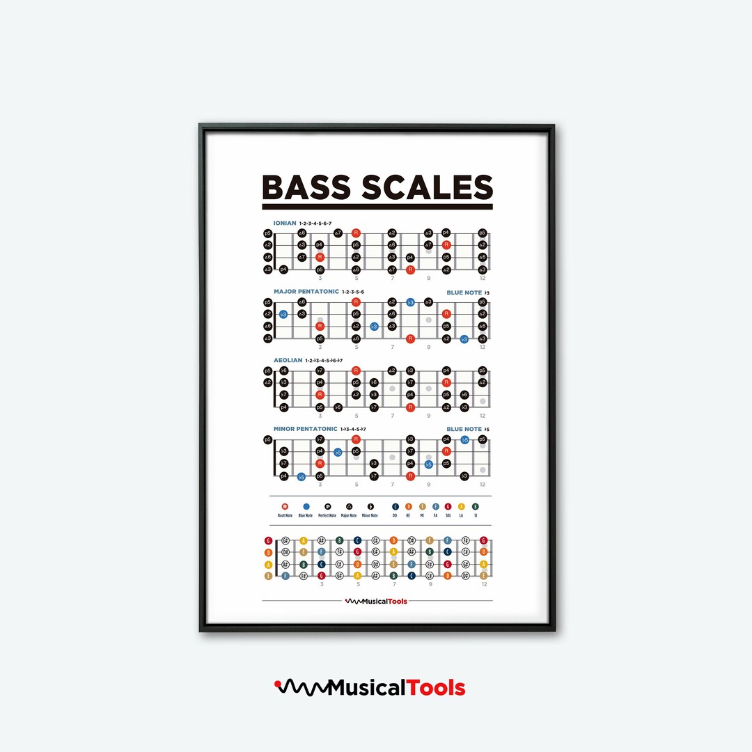 Bass Guitar Scales Chart Poster With Fretboard. Printable and ...