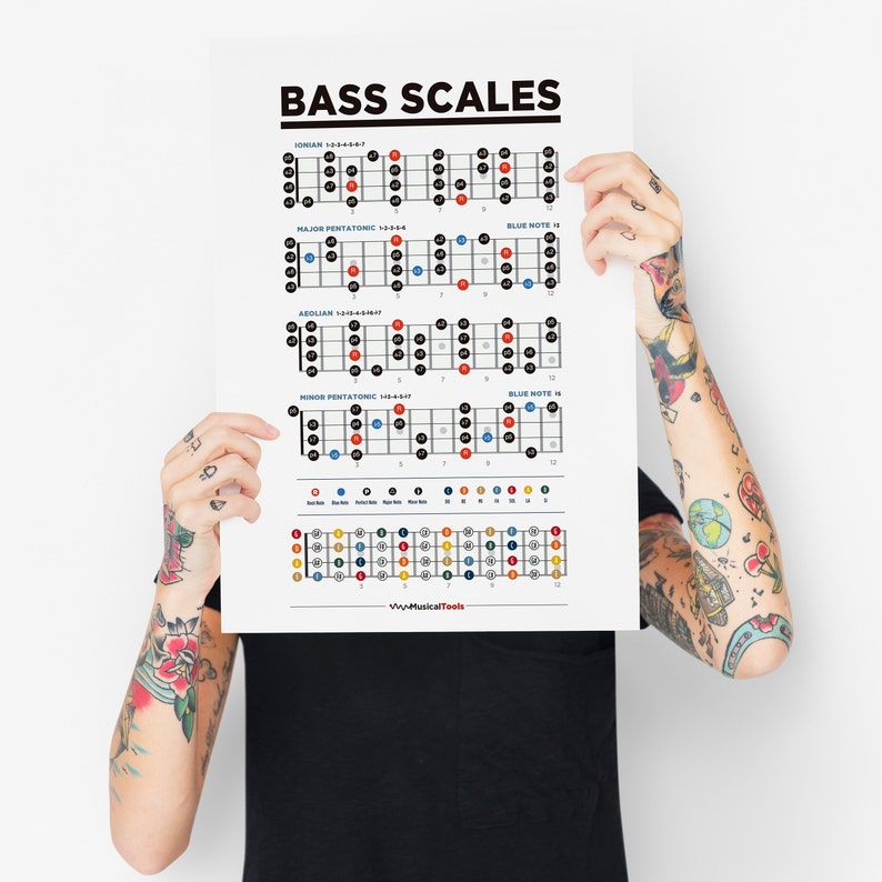 Bass Guitar Scales Chart Poster With Fretboard. Printable and ...