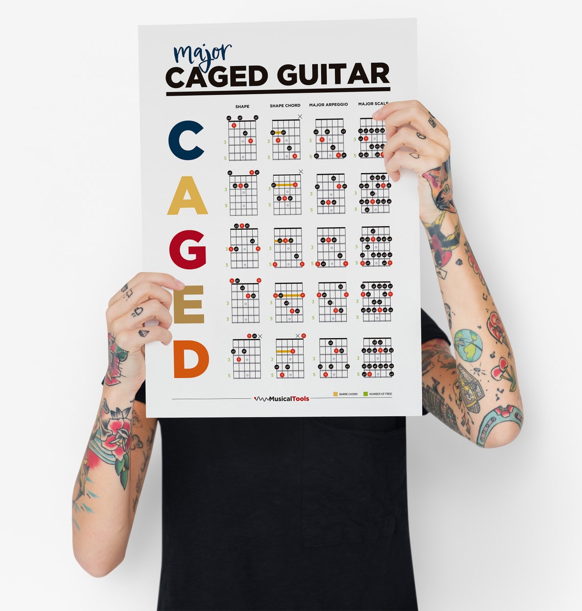 Left Handed CAGED Guitar Theory System. Learn Guitar Chords. Printable ...