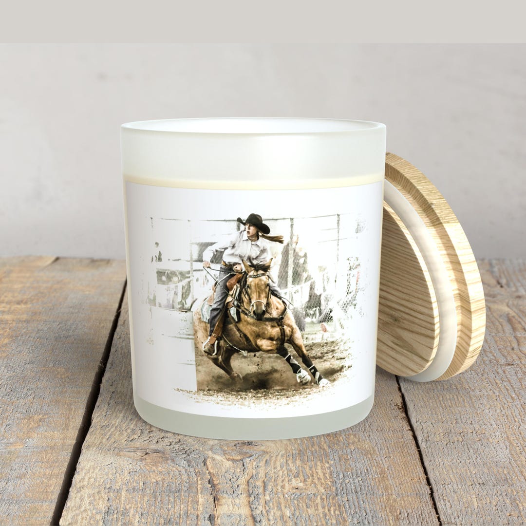Rodeo Barrel Racer Frosted Glass Soy Wax Wood Wick Candle • Western ...