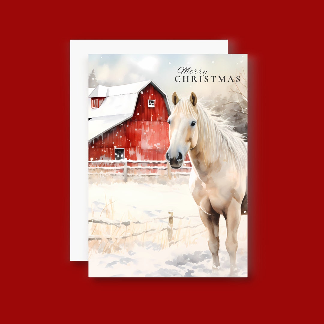 Rustic Red Barn & Horse Christmas Holiday Cards • Western Christmas ...