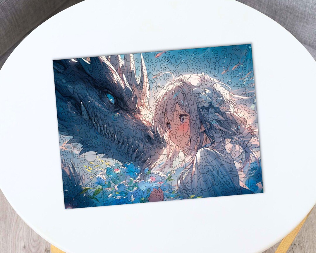 Japanese Themed Jigsaw Puzzle Girl and Blue Dragon, Anime Wooden Jigsaw ...