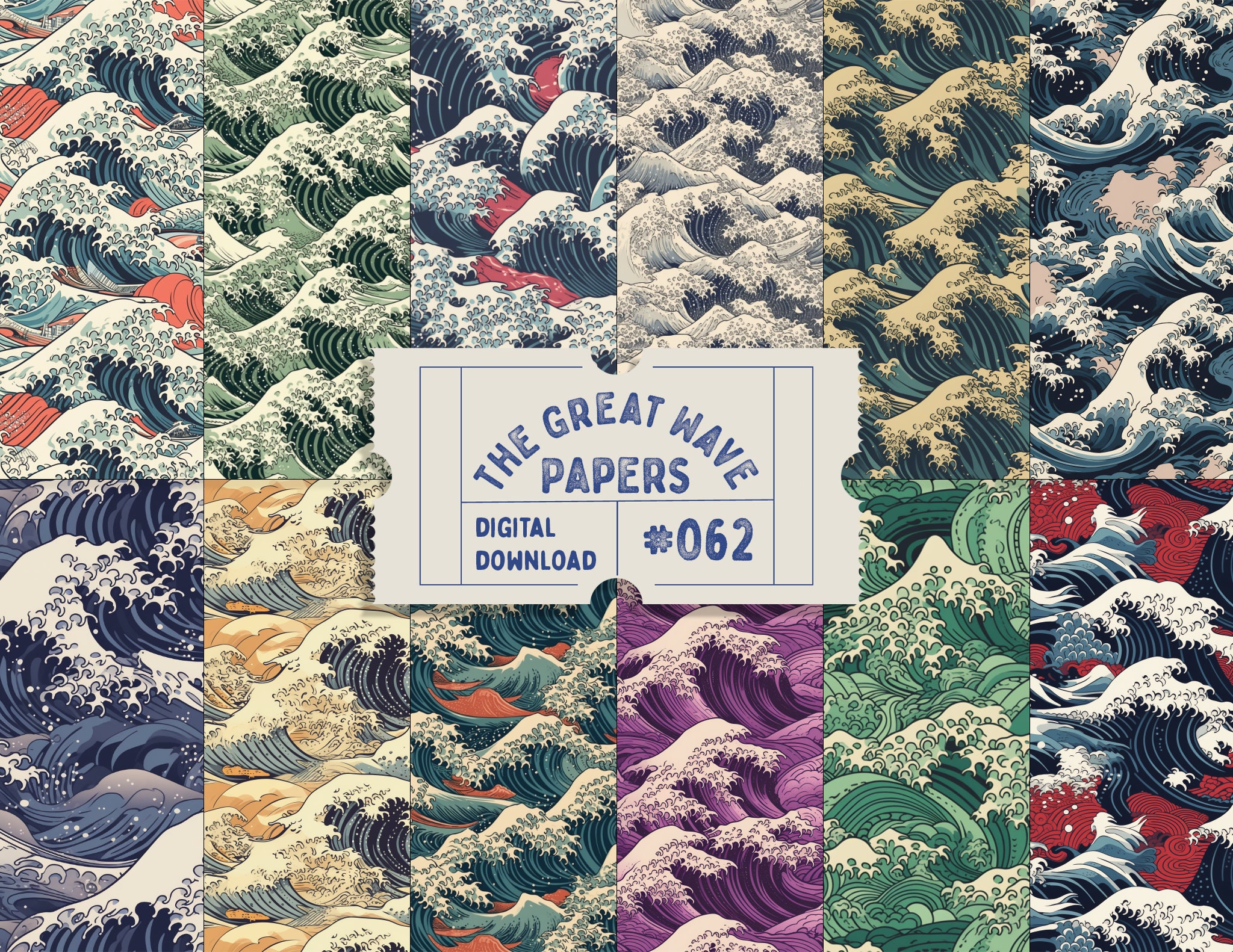 Japanese Great Wave Seamless Pattern Paper Digital, Sea Illustrated ...