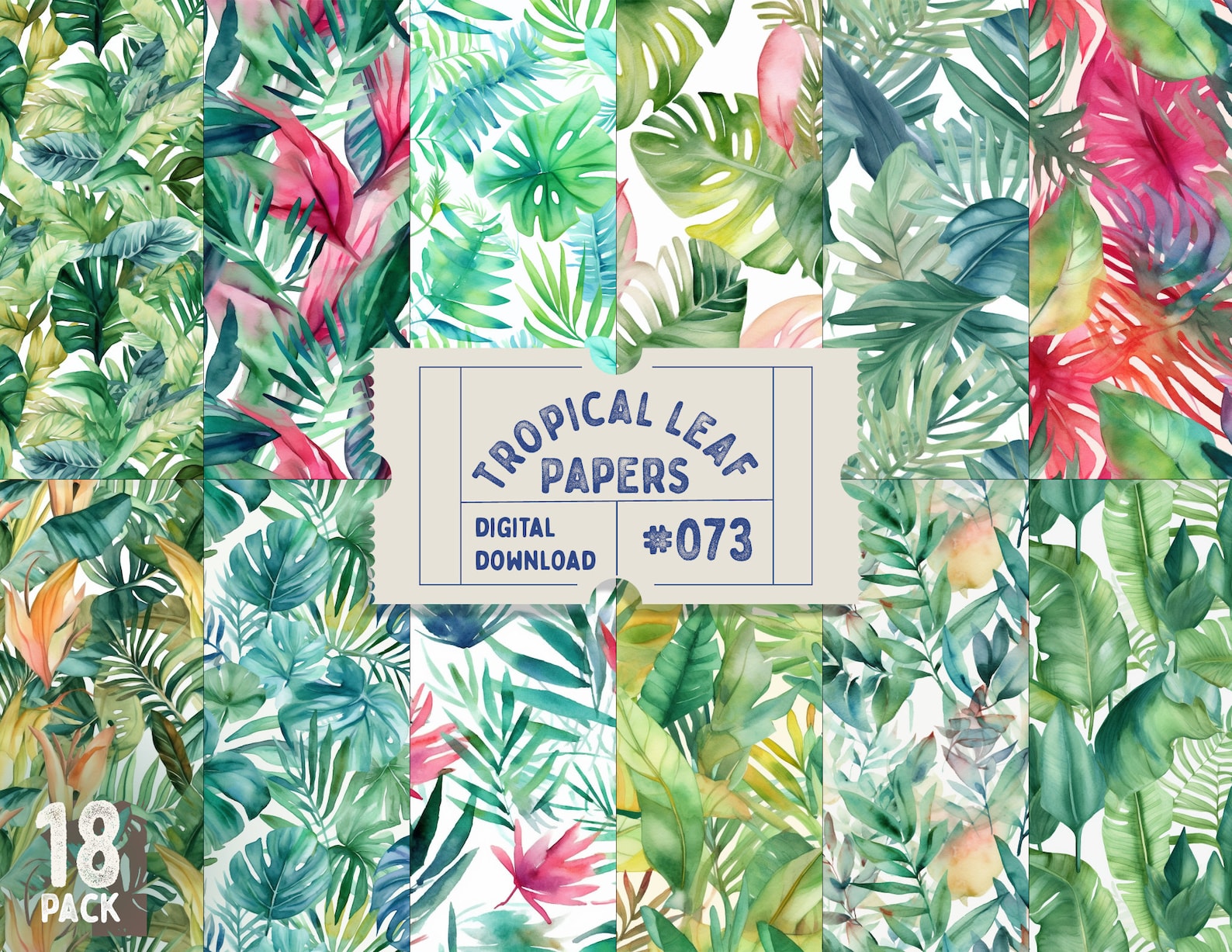 Jungle Leaves Tropical Plant Papers, Watercolour Plant Patterns ...