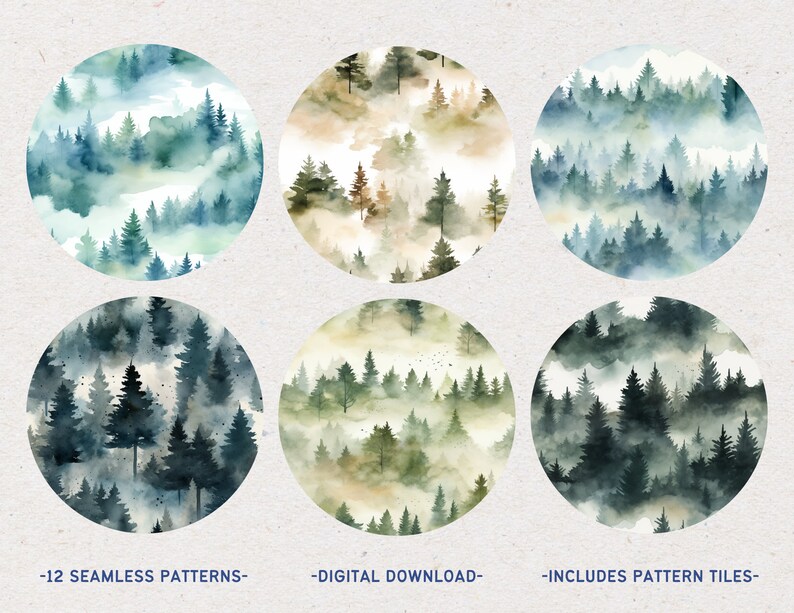 Misty Forest Seamless Patterns Digital Paper, Watercolour Style Nature ...