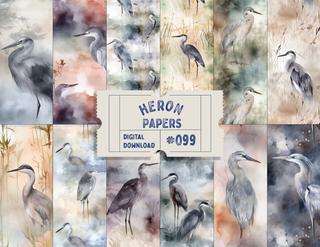 Watercolour Heron Pattern Papers Digital, Illustrated Bird Papers ...