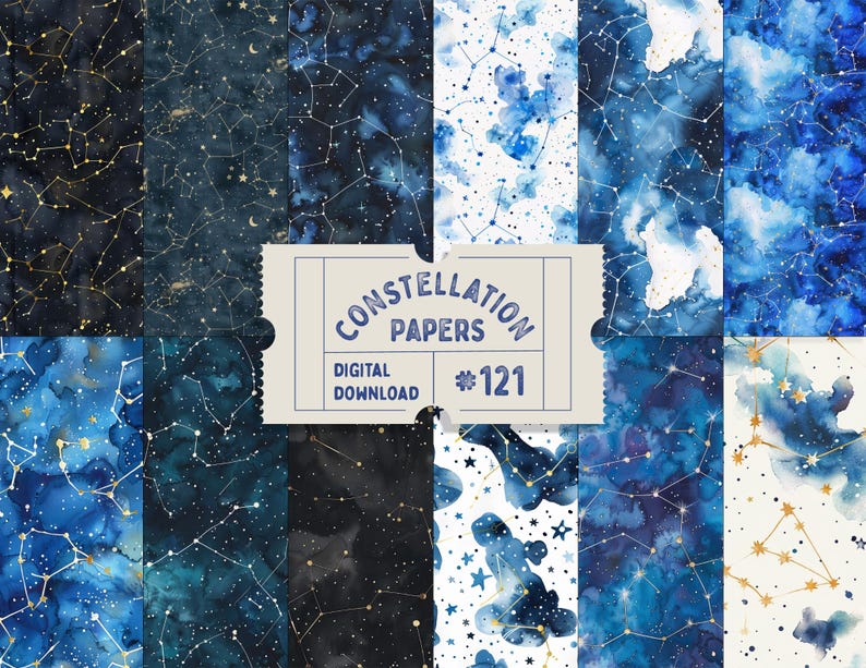 Watercolour Constellation Papers, Starry Night Seamless Papers, Gold ...