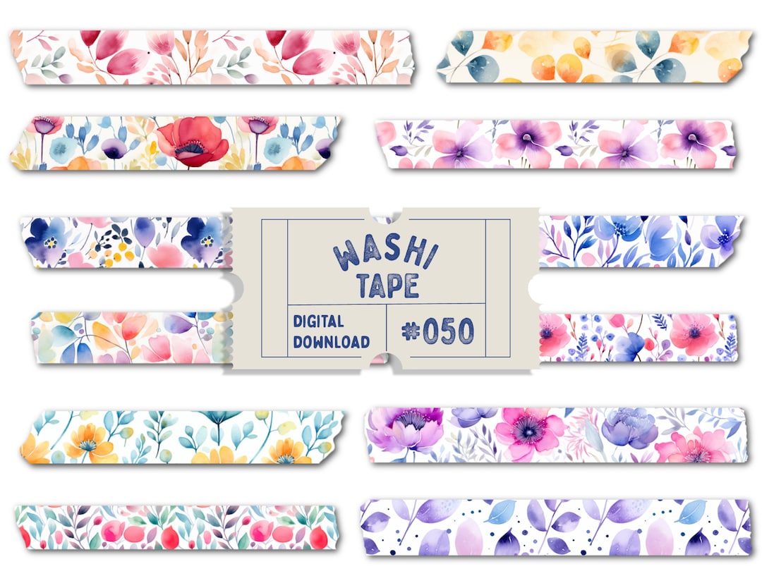 Botanical Floral Washi Tape, Digital Washi Tape, Flower Patterned Washi ...