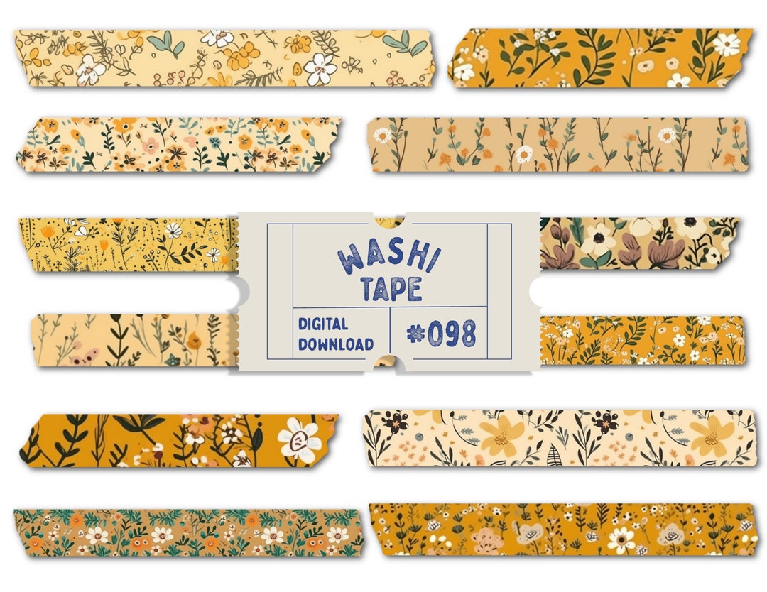 Yellow Retro Daisy Flower Washi Tape, Ditsy Floral Print Digital Washi ...