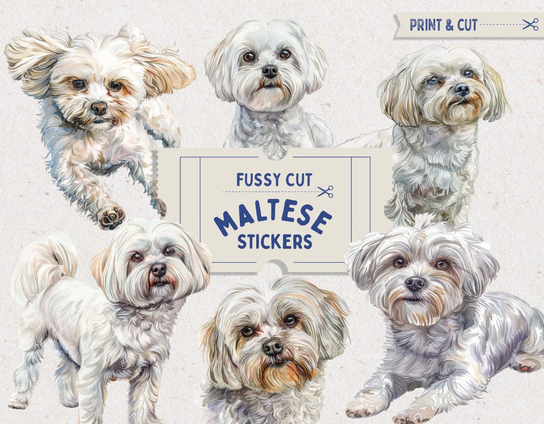 Maltese Dog Stickers, Digital Collage Sheet, Cut by Hand Watercolour ...