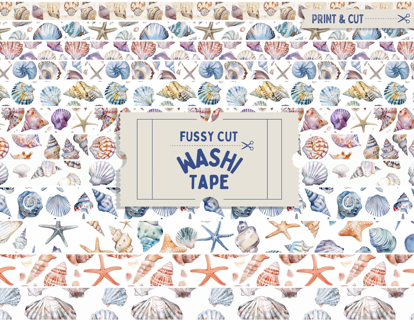 Boho Beach Sea Shell Fussy Cut Washi Tape, Shell Print and Cut Washi ...