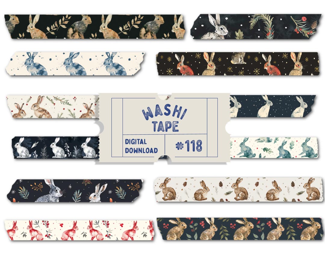 Christmas Rabbit Washi Tape, Hare Digital Washi Tape, Country Christmas ...