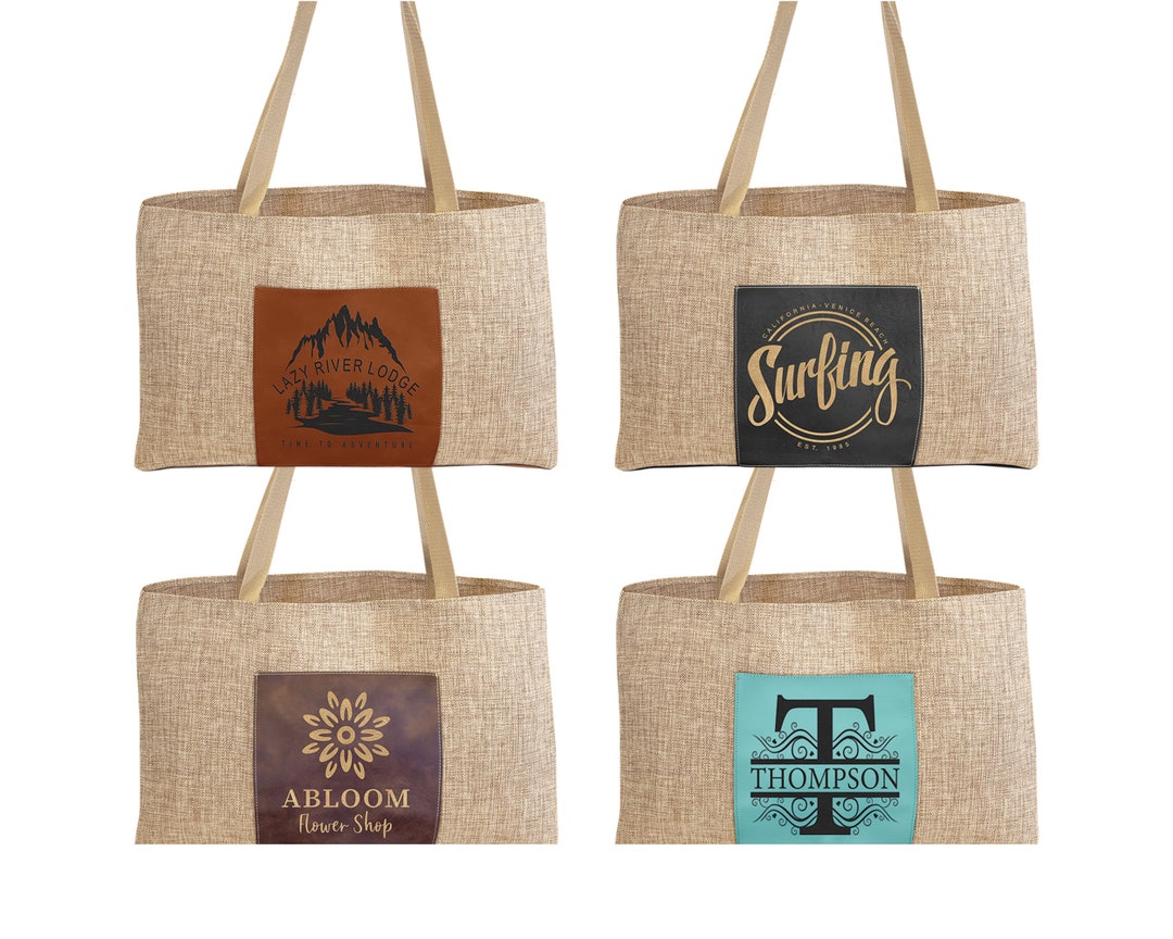 Personalized Burlap Tote Bag, Laser Engraved Faux Leather Pocket ...