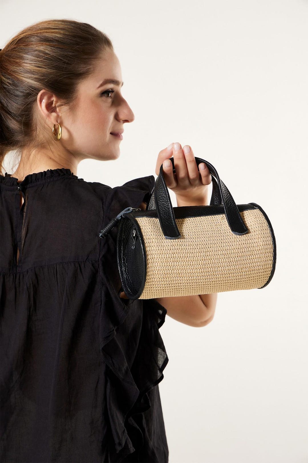 Barrel Bag Black, Straw Handbag, Cylinder Bag, Round Handbag, Black ...