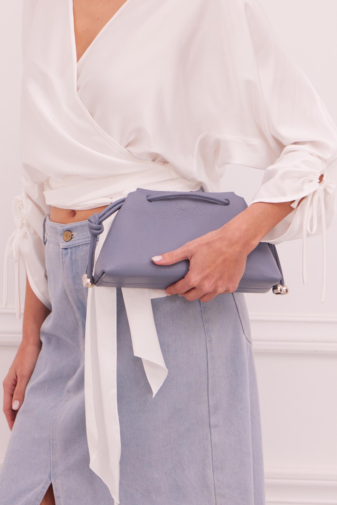 Dusty Blue Purse, Chain Leather Bag, Blue Evening Bag, Blue Leather ...