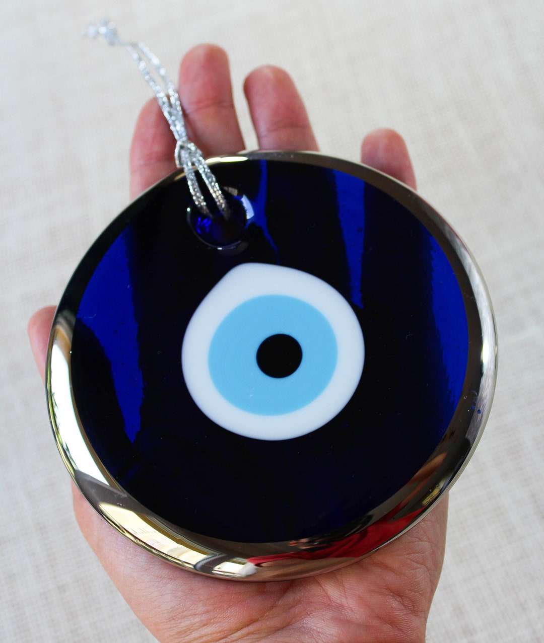 Turkish Nazar Amulet , Silver Trim Glass Round Evil Eye Wall Hanging ...